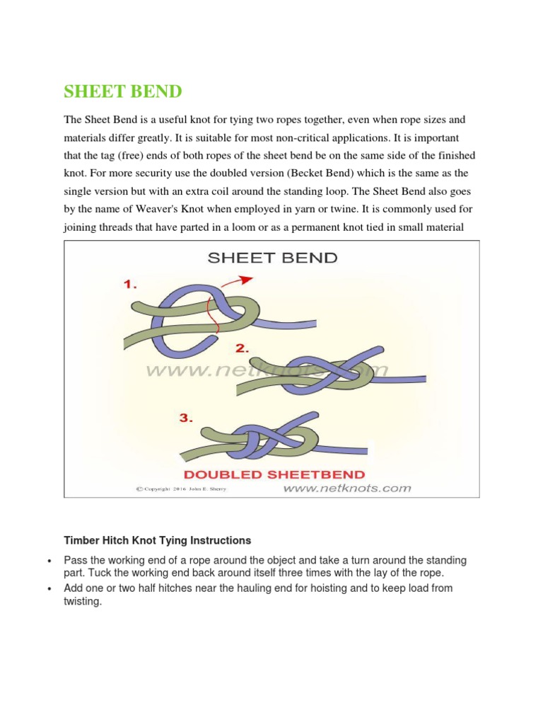 Sheet Bend: Timber Hitch Knot Tying Instructions | PDF