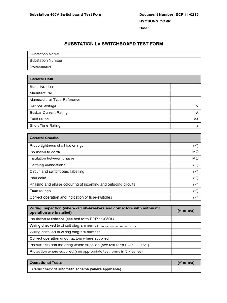 Form Substation+400V+Switchboard+Test+Form | PDF | Electrical ...
