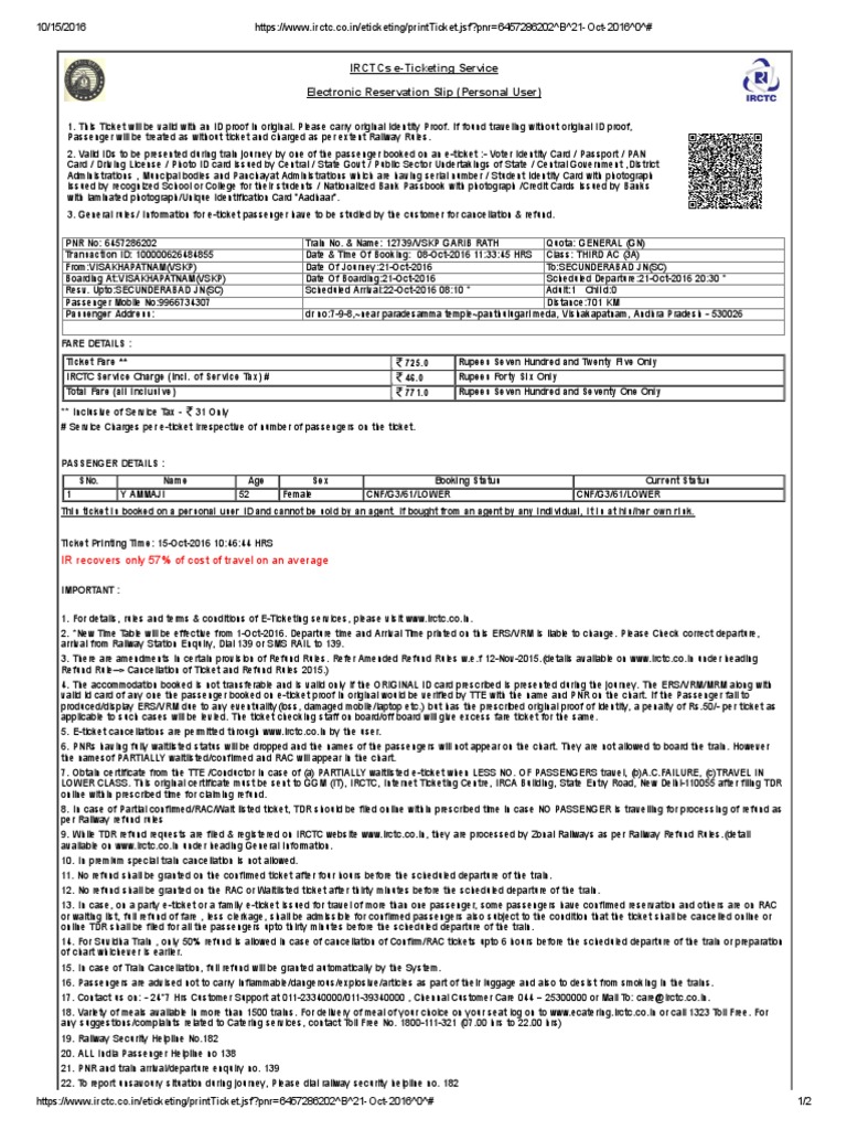 Electronic Reservation Slip for Train Journey from Visakhapatnam to ...