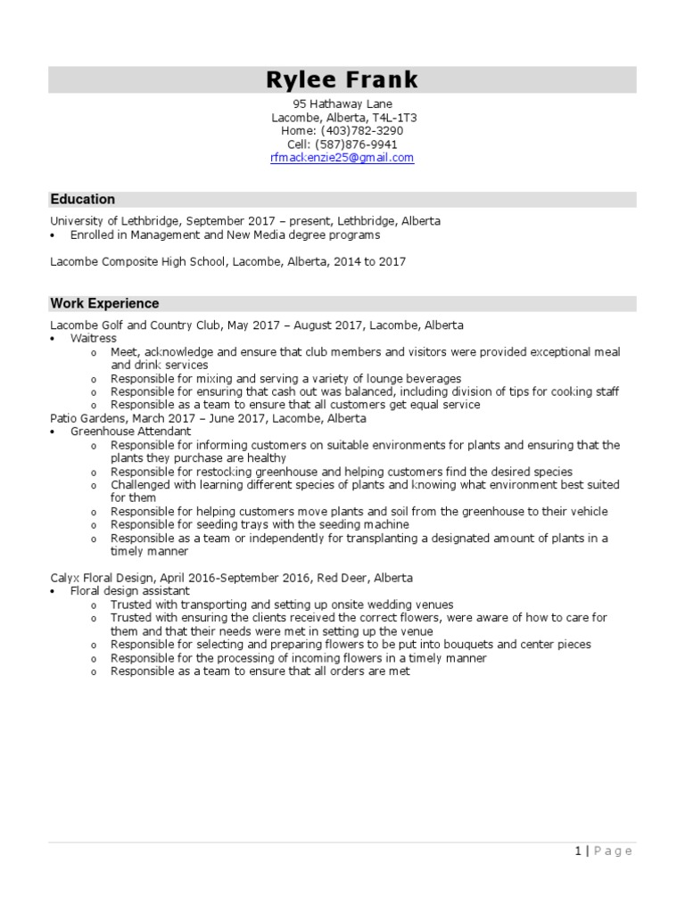 Rylee Frank Resume | PDF | Nature | Sports