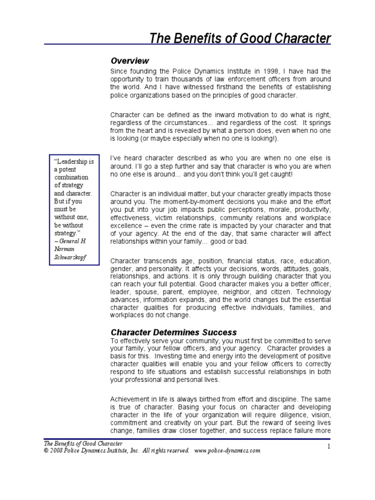 Benefits of Good Character | PDF | Leadership | Police