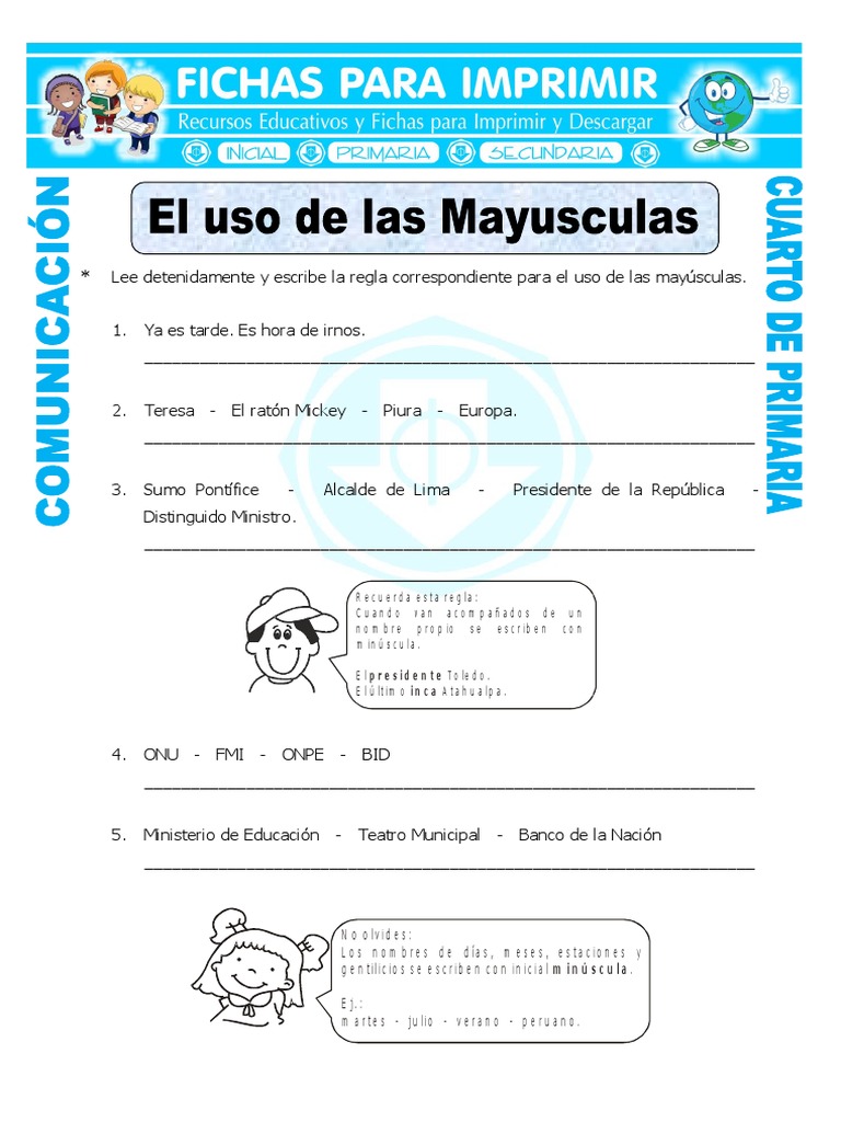 Ficha Uso de Las Mayusculas Ejercicios Para Cuarto de Primaria