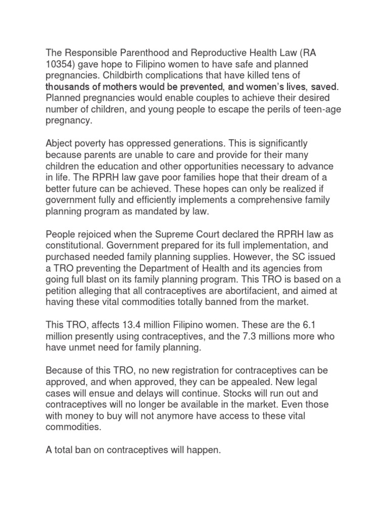 The Responsible Parenthood and Reproductive Health Law | PDF | Family ...