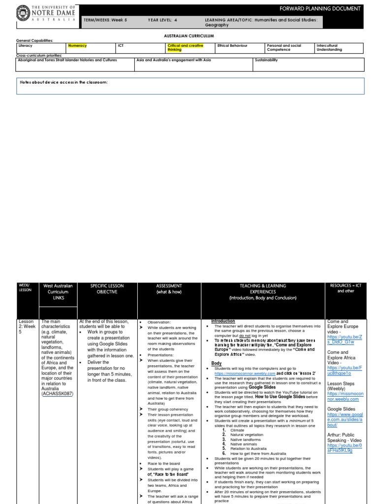 Forward Planning Document Lesson 2 | PDF | Educational Technology ...