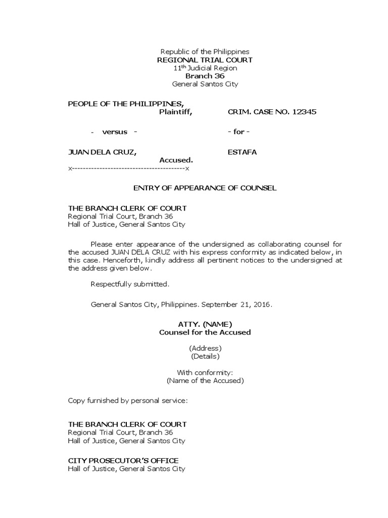 Entry of Counsel for Estafa Case | PDF | Government Institutions ...