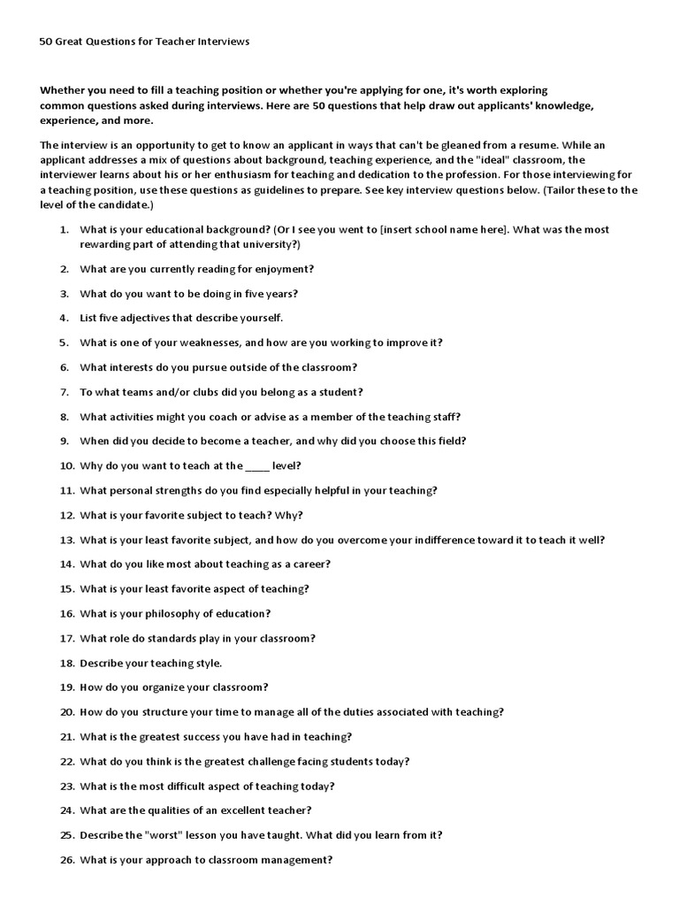 Essential Teacher Interview Questions | PDF | Schools | Teachers