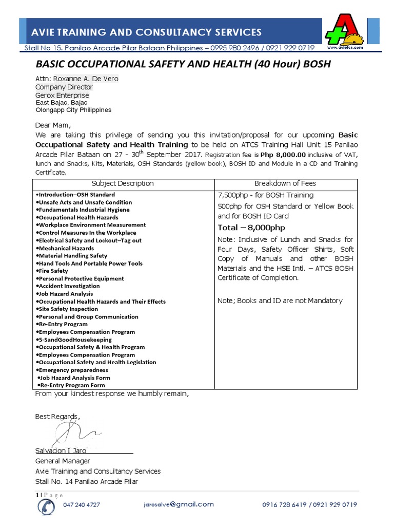 BOSH Training Proposal - Avie Services | PDF | Occupational Safety And ...