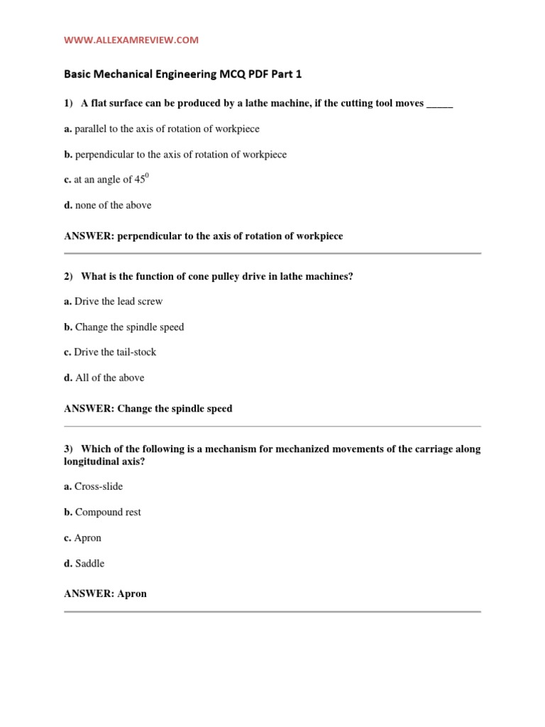 Basic Mechanical Engineering MCQ PDF Part 1 | PDF | Gear | Strength Of Materials