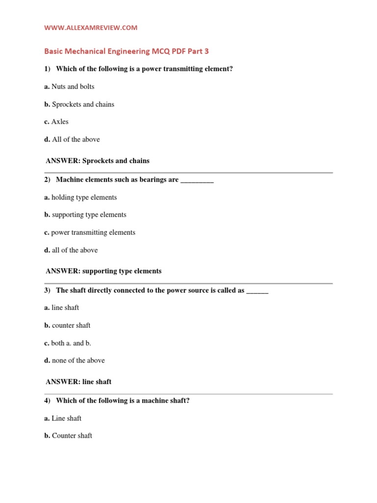 Basic Mechanical Engineering Mcq Pdf Part 3 Pdf Belt Mechanical