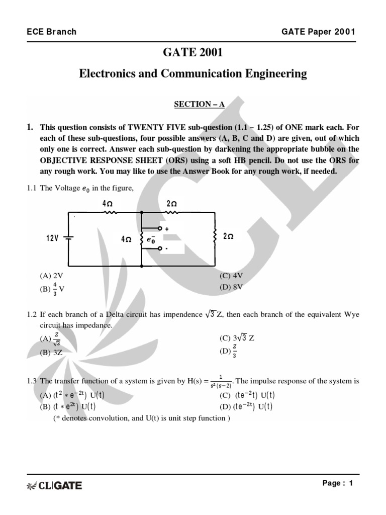 GATE ECE 2001 Actual Paper | PDF | Analog To Digital Converter | Waveguide
