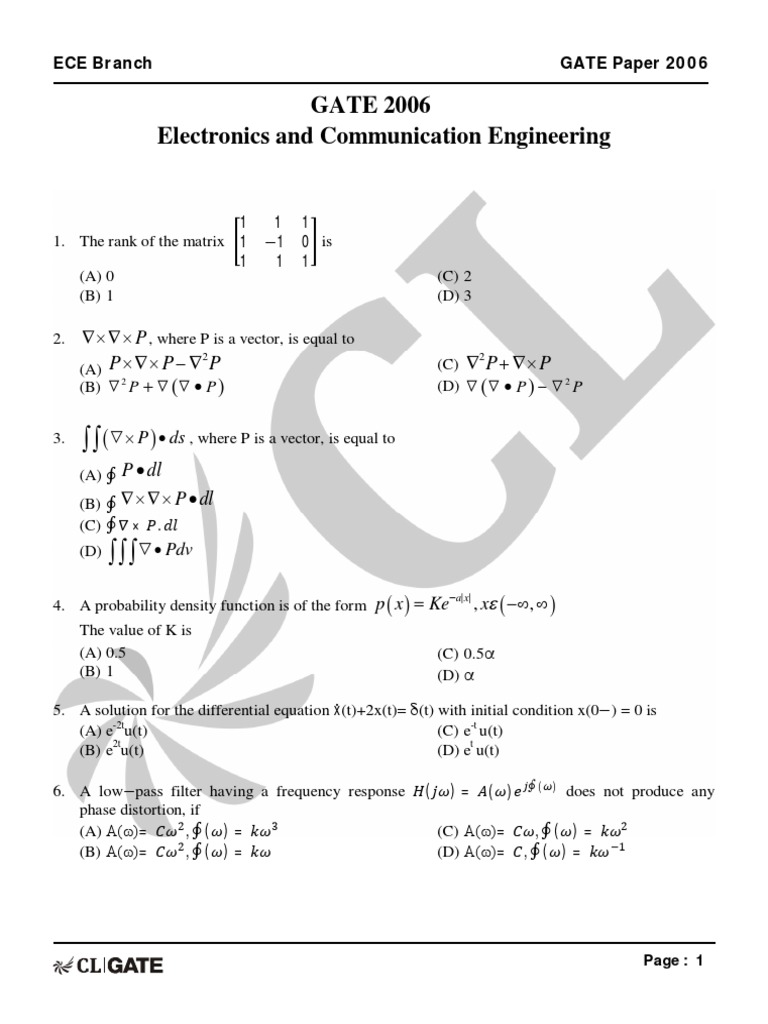 GATE ECE 2006 Actual Paper | PDF | Polarization (Waves) | Sampling (Signal Processing)