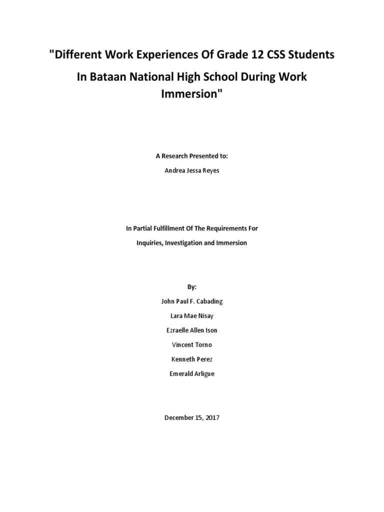 Grade 12 CSS Students' Work Immersion Experiences | PDF | Qualitative ...