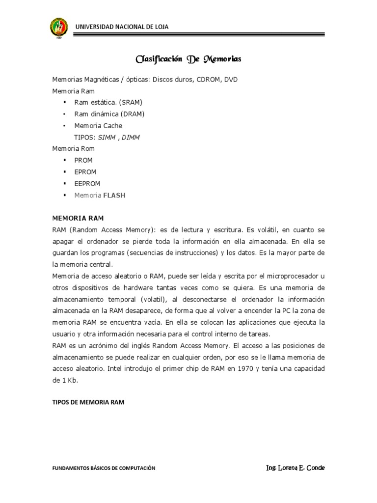 Clasificacion de Las Memorias | PDF | Memoria de sólo lectura ...