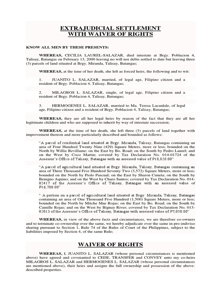 EXTRAJUDICIAL SETTLEMENT With WAIVER OF RIGHTS.docx | Natural Resources ...
