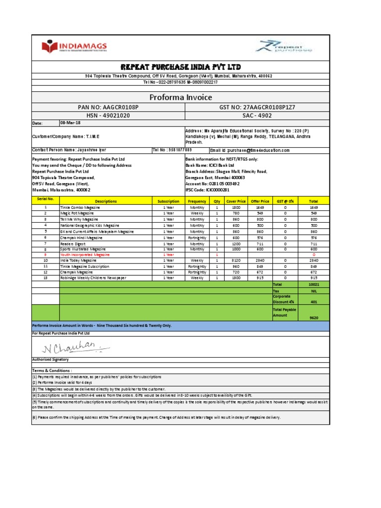 Magazine Proforma Invoice | PDF | Subscription Business Model | Invoice