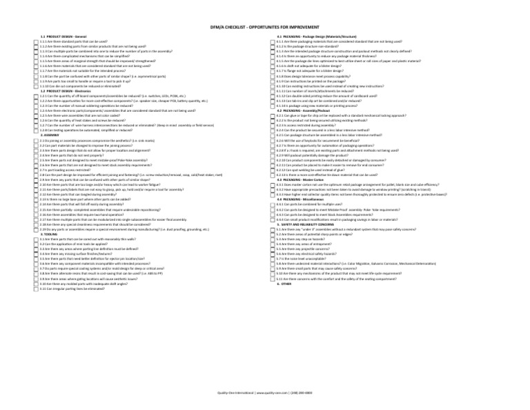 DFMA Sample Checklist | PDF | Packaging And Labeling | Automation