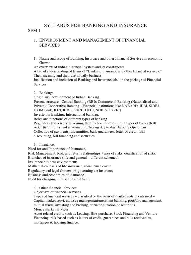 Syllabus For Banking and Insurance: Sem 1 1. Environment and Management ...