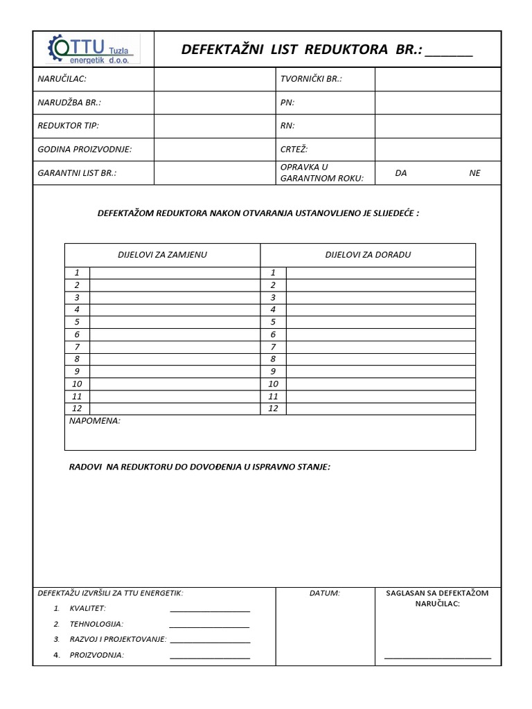Defektažni List Reduktora | PDF