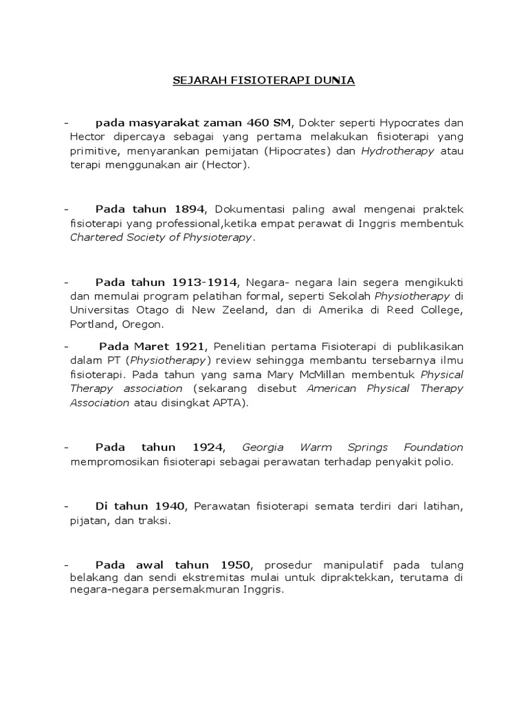 Sejarah Fisioterapi Dunia Dan Indonesia | PDF