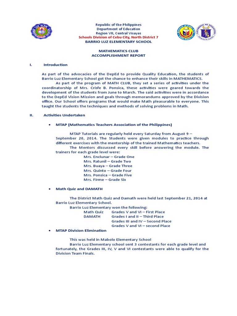 Math Club-Accomplishment Report | Mentorship | Teachers