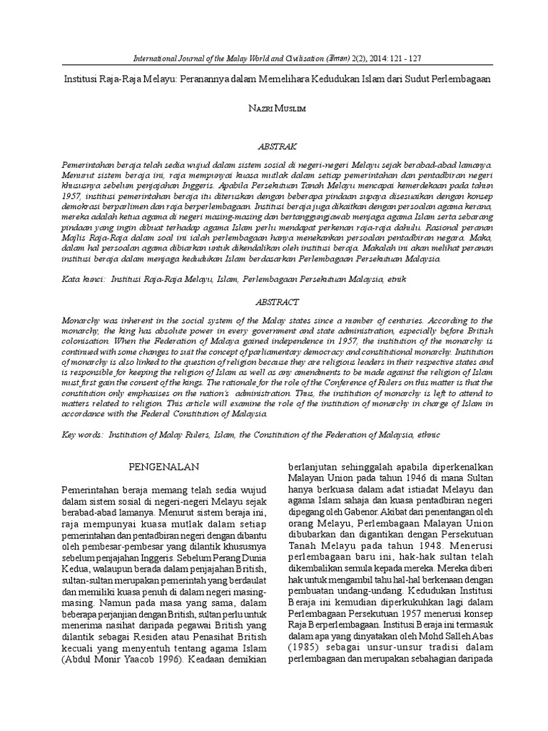 Institusi Raja-Raja Melayu Peranannya Dalam Memelihara Kedudukan Islam ...
