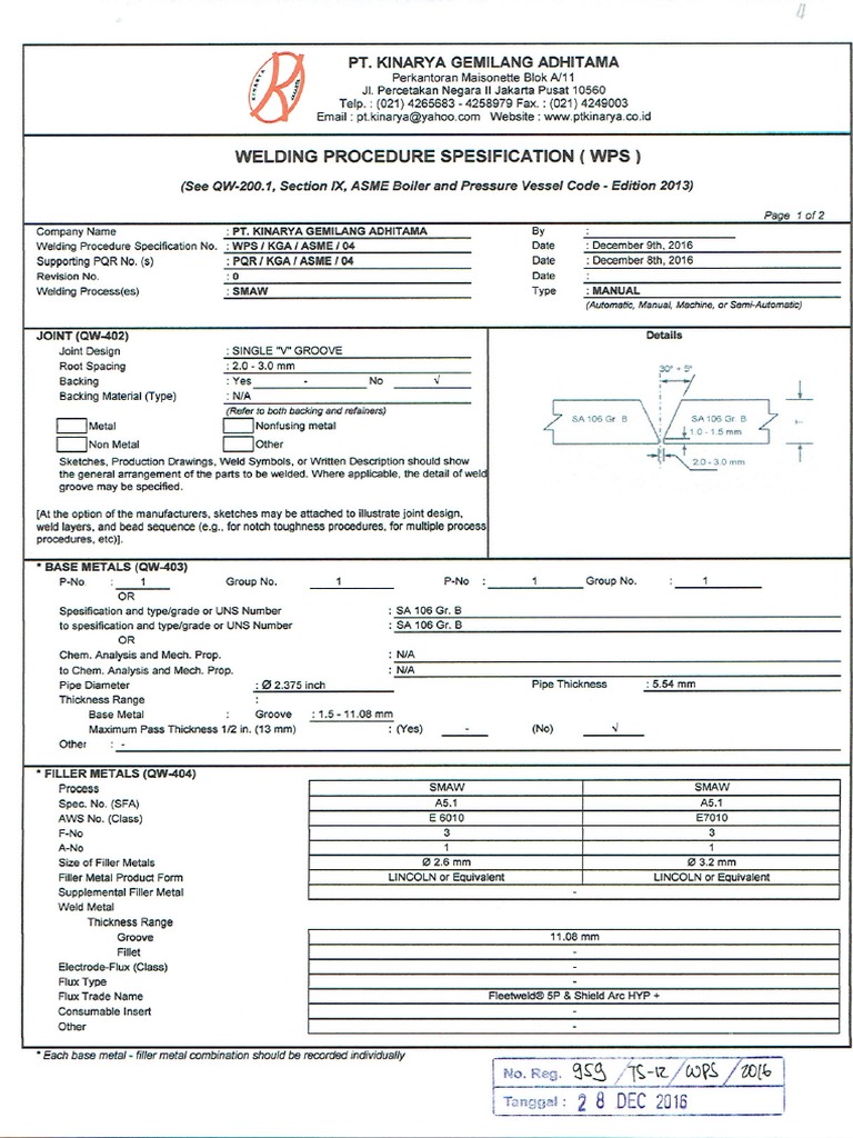 WPS ASME Kinarya PDF | PDF