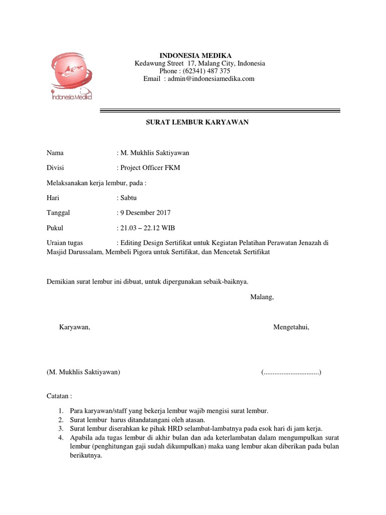Surat Lembur Karyawan | PDF