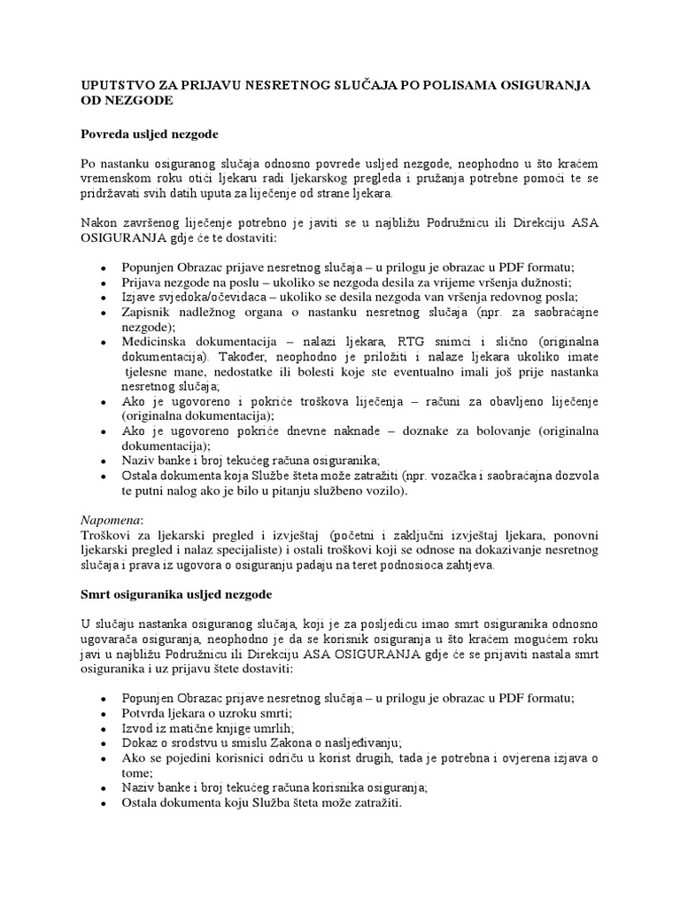 Uputstvo Za Prijavu Nesretnog Slucaja Po Polisama Osiguranja Od Nezgode ...