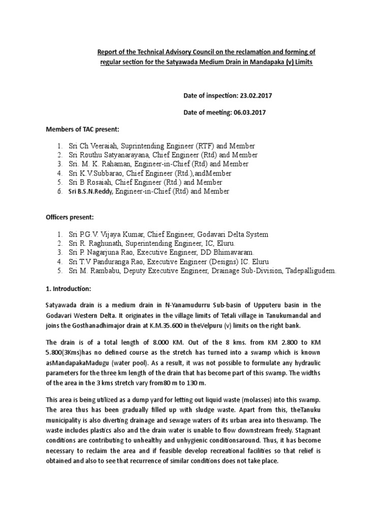 Report of The TAC On The Satyawada Medium Drain (As Corrcted by KVSR ...