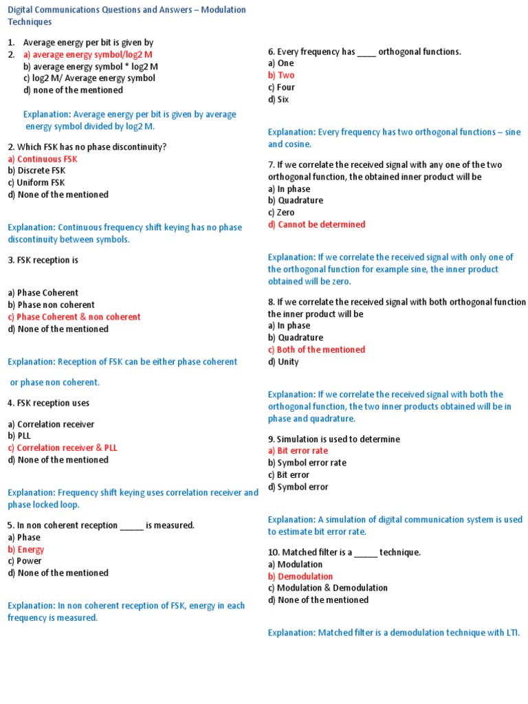 Digital Communications Questions and Answers | PDF | Modulation ...