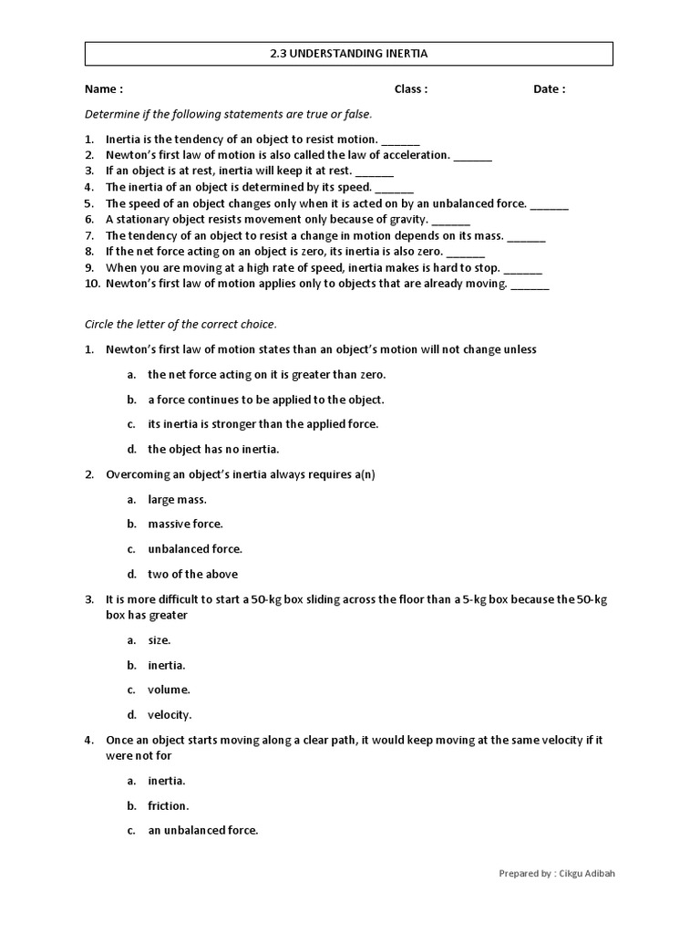 Guided Practice Inertia | PDF | Inertia | Force