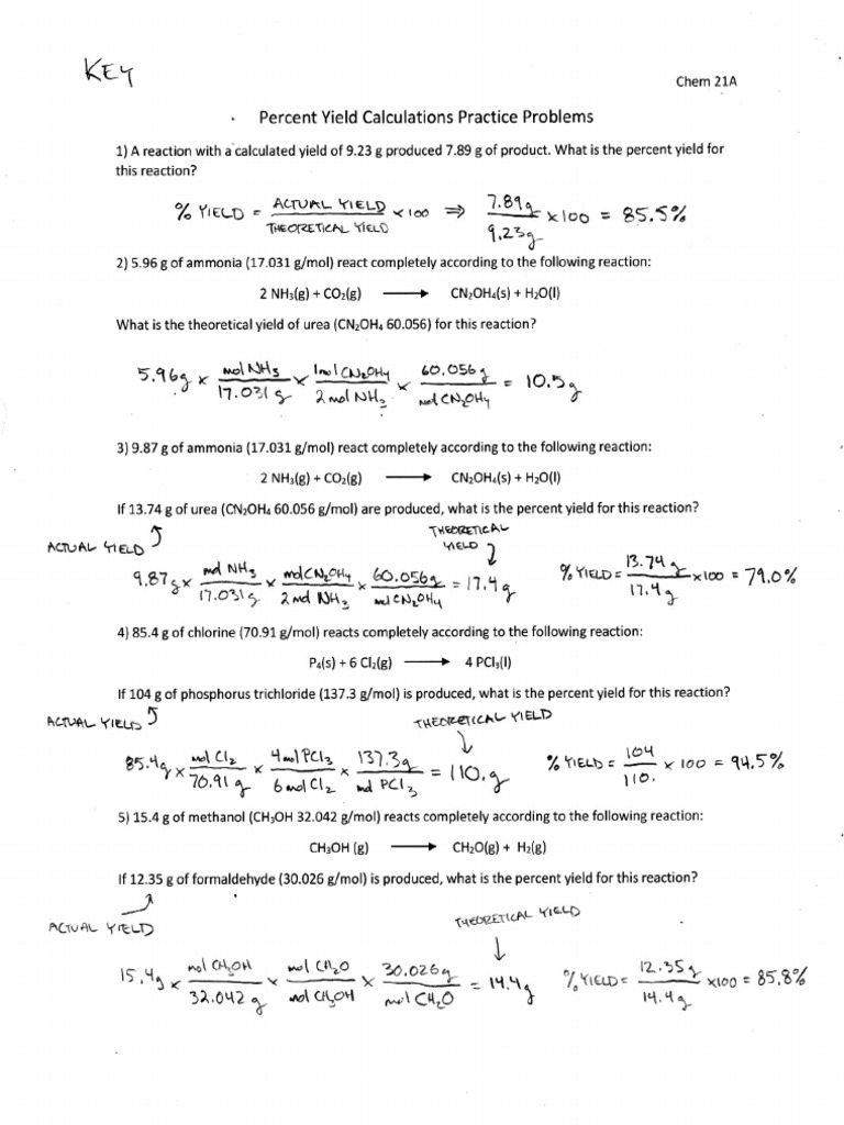 21A Percent Yield Practice Problems Key PDF | PDF