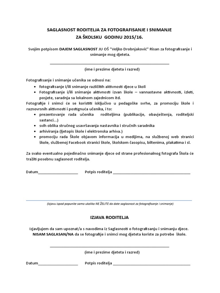 Obrazac - Saglasnost Roditelja Za Fotografisanje I Snimanje | PDF