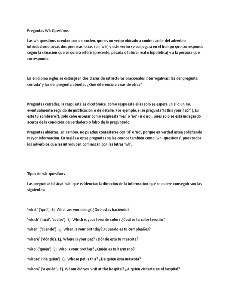 Ejemplos de Preguntas Wh en Inglés | PDF | Adverbio | Asunto (gramática)