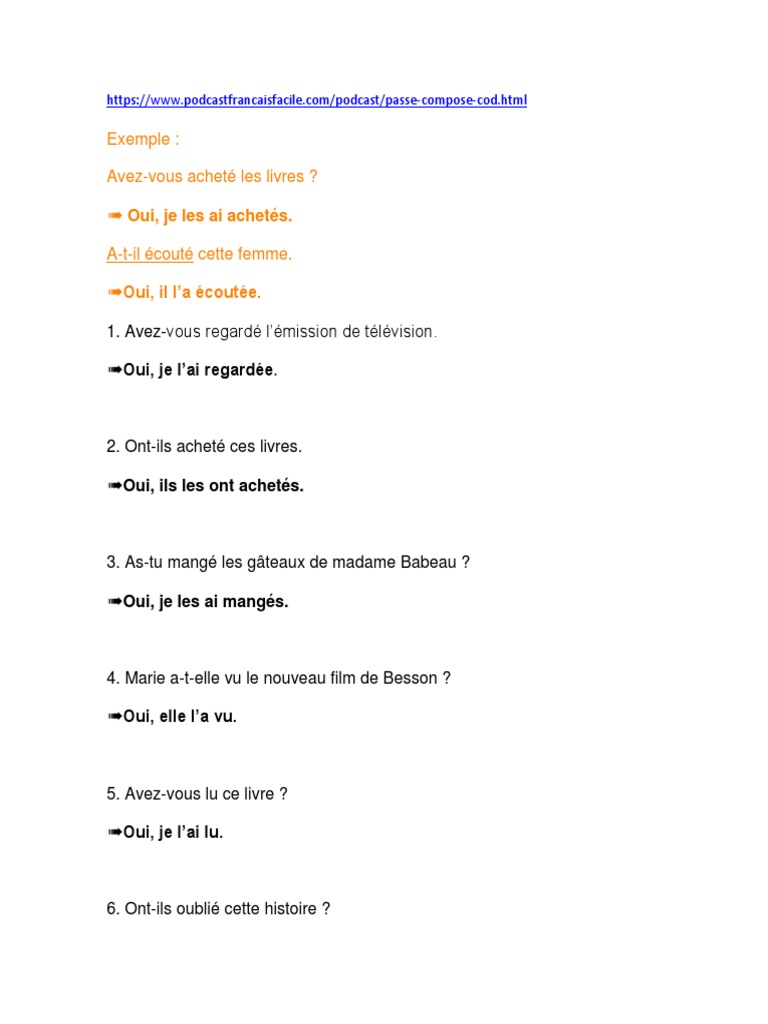 Le Passé Composé Avec Les Pronoms COD (Exercices) | PDF | Études des ...