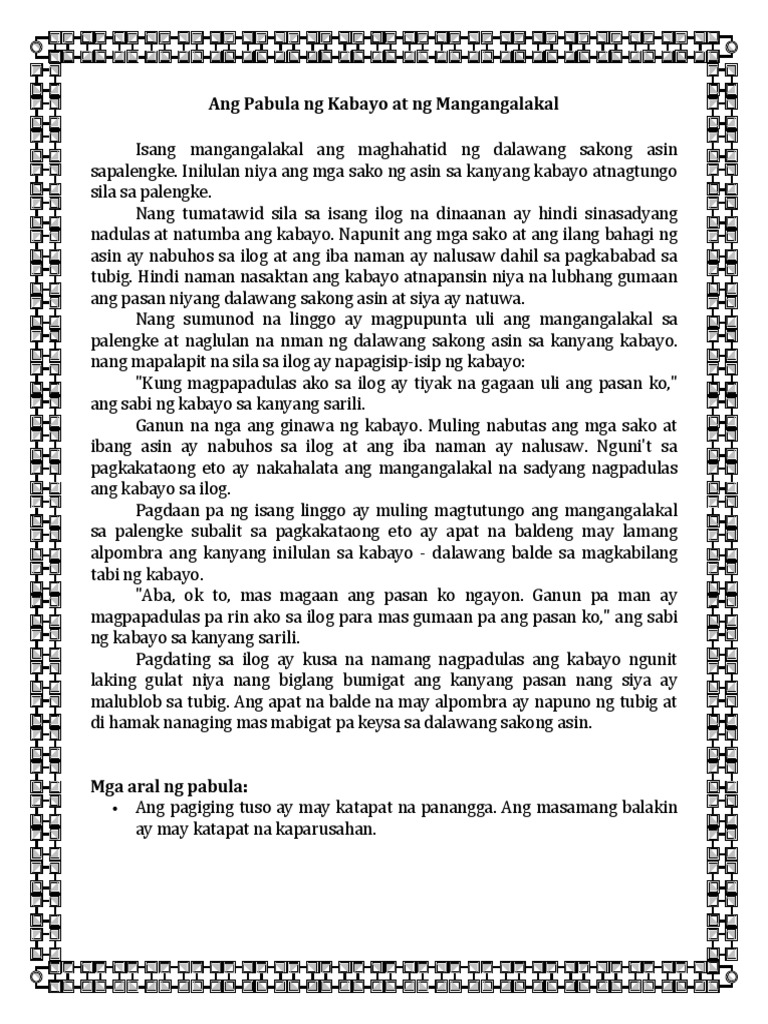 Ang Pabula NG Kabayo at NG Mangangalakal | PDF