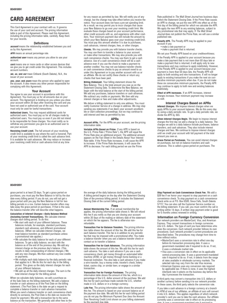 Citi Card Sample Card Member Agreement | PDF | Annual Percentage Rate ...