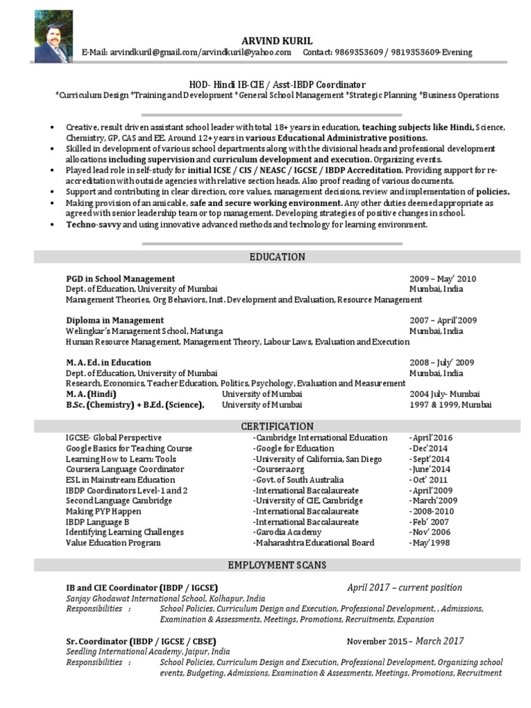Resume Arvind Kuril HOD Hindi IB-CIE 2017 | PDF | Change | Curriculum