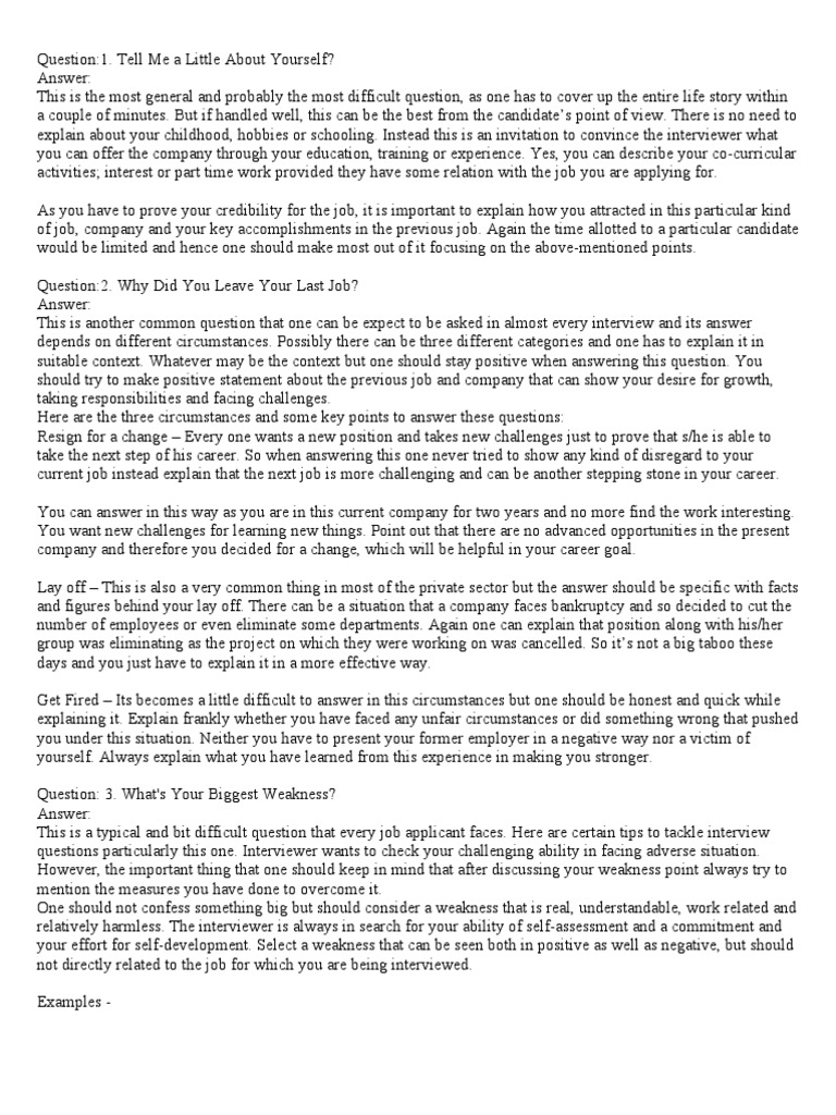 Top 100 Interview Questions | PDF | Question | Employment