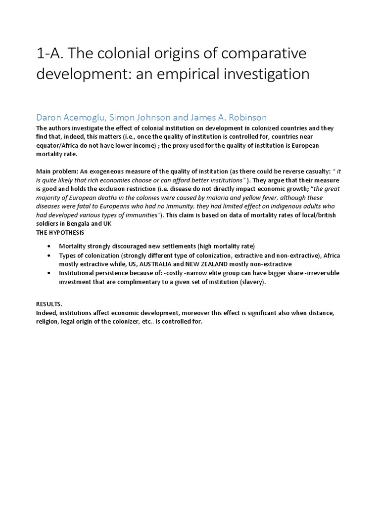 Resume of The Colonial Origins of Comparative Development: An Empirical ...