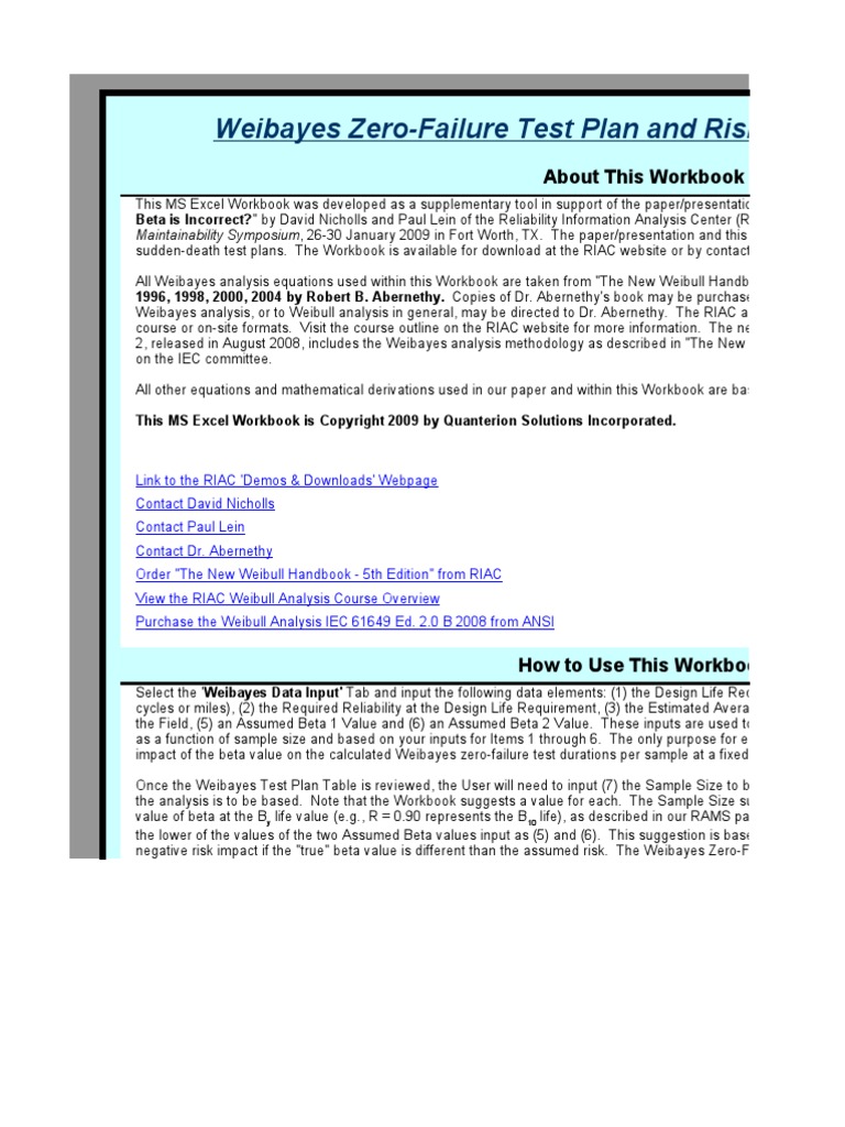 Weibayes Zero-Failure Test Plan and Risk Assessment Calculator | PDF ...