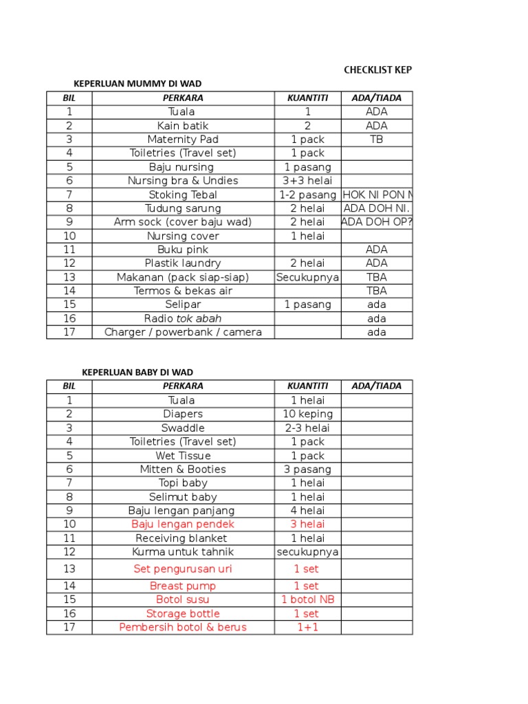 Checklist Keperluan Bersalin dan Bayi | PDF