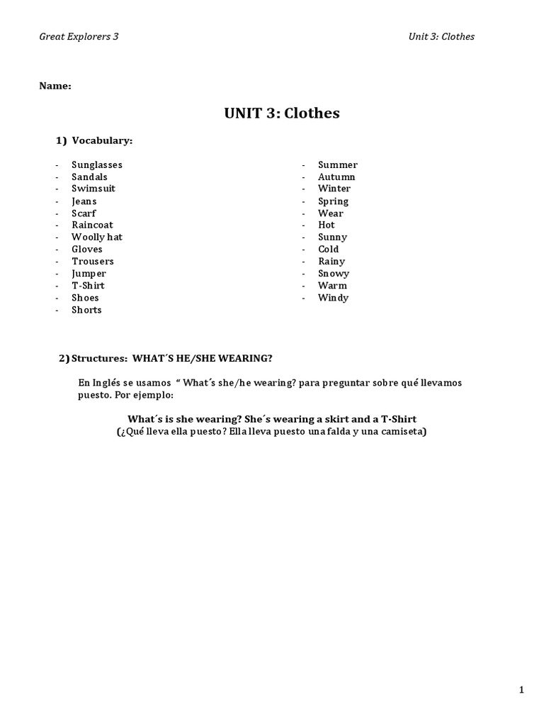UNIT 3: Clothes: Name | PDF