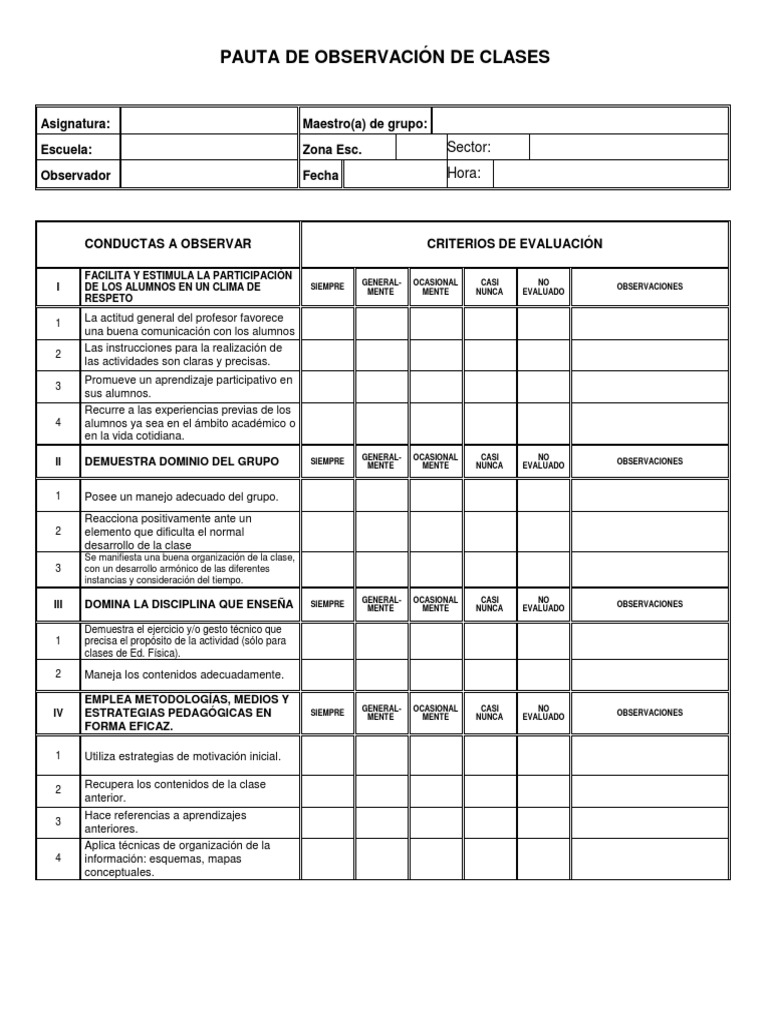 Formato de Observación de Clase | Evaluación | Mente | Prueba gratuita ...