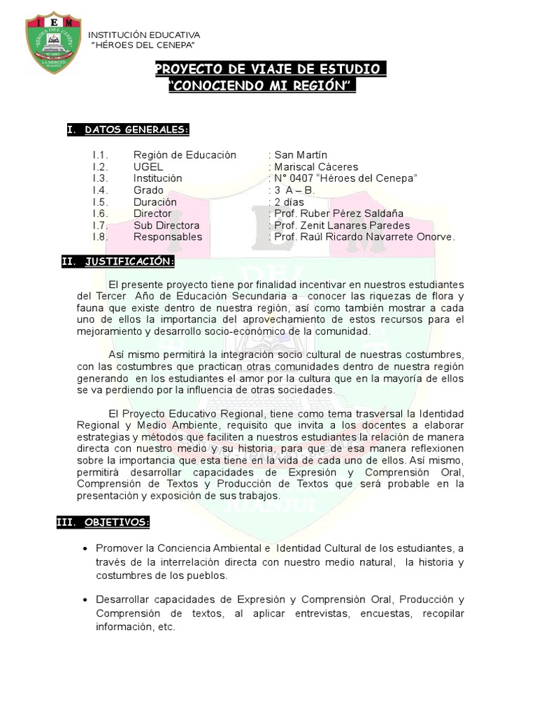 Proyecto de Viaje de Estudio Conociendo Mi Región | PDF | Turismo ...