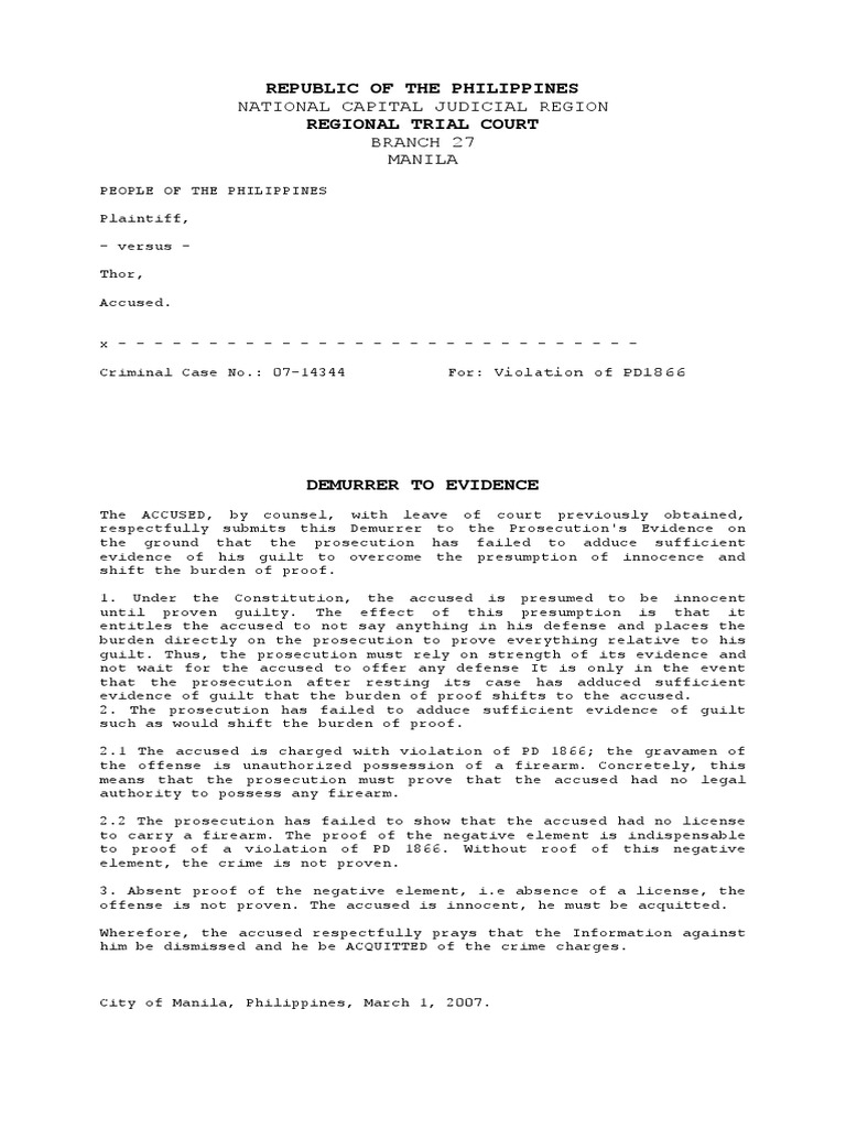 Demurrer To Evidence Sample Form | PDF | Burden Of Proof (Law) | Evidence