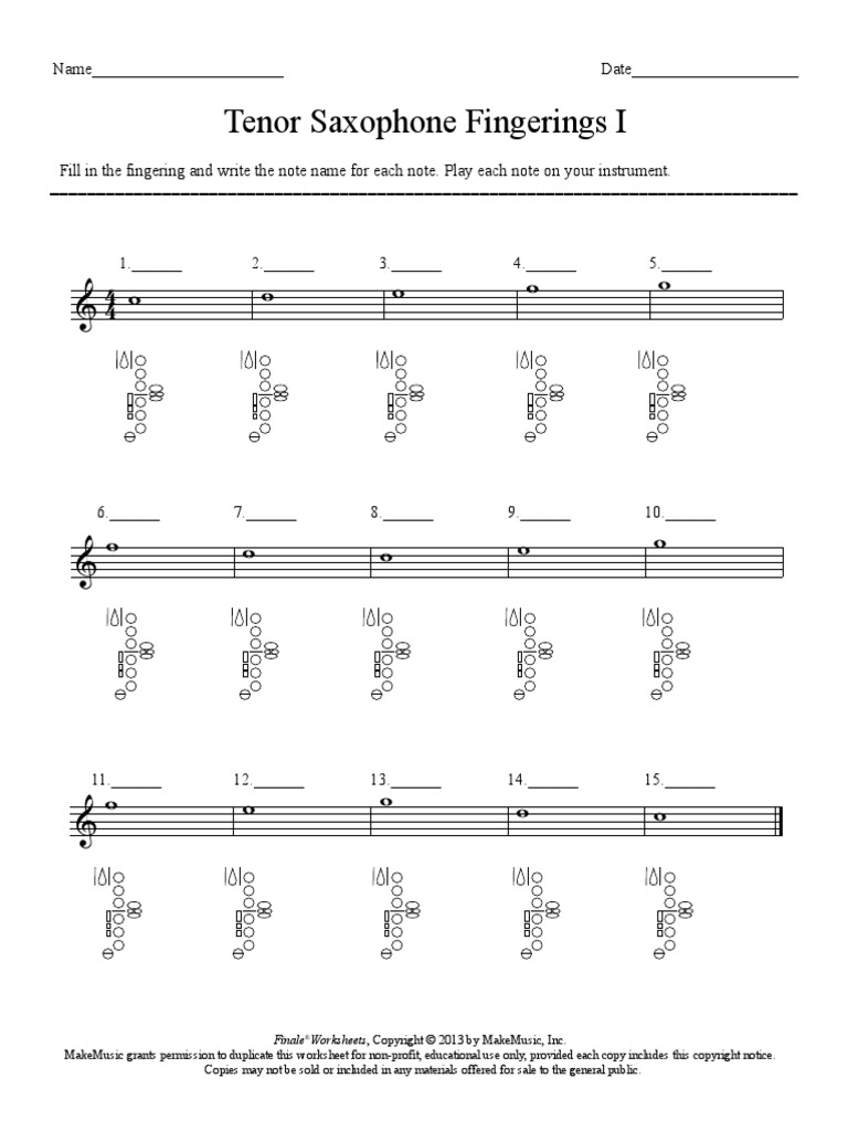 6612 Tenor Sax Fingering Worksheet 1 | PDF