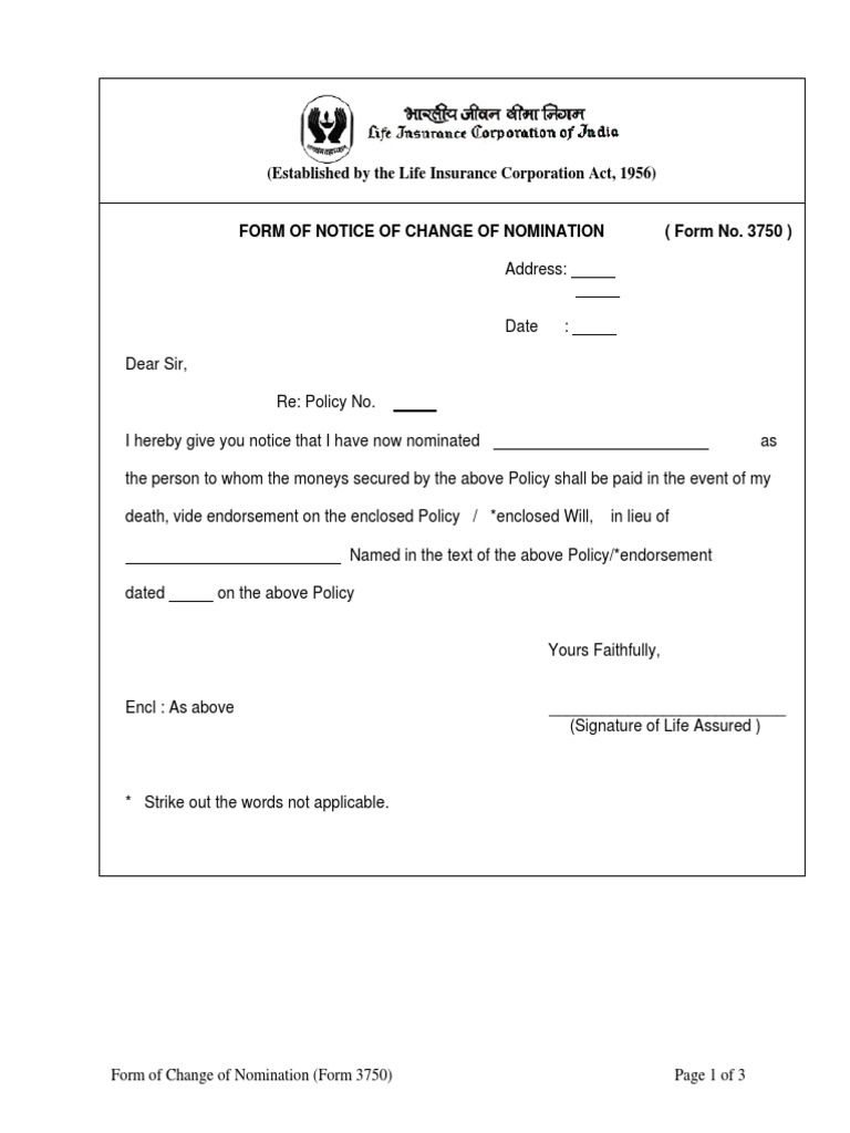 LIC Change of Nomination Form 3750 | PDF | Signature | Common Law