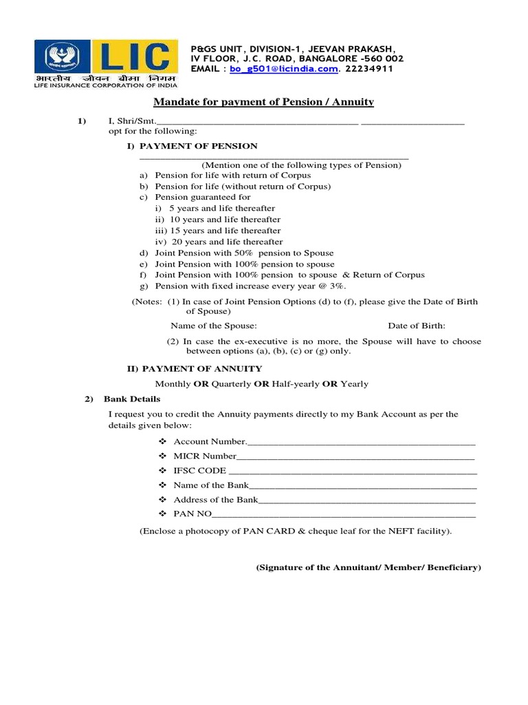 Mandate Form For Payment of Pension Annuity - LIC | PDF | Pension ...