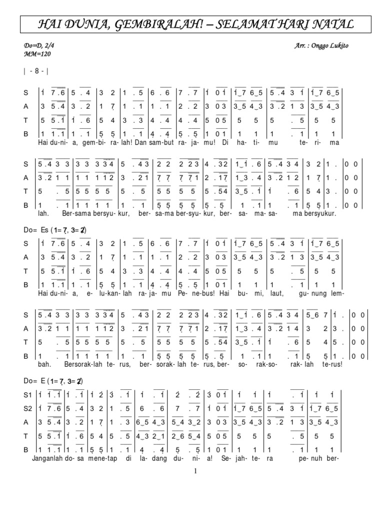 Hai Dunia Gembiralah - Selamat Hari Natal (Partitur SATB) | PDF